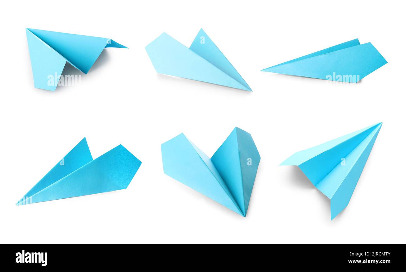 Set of blue paper plane isolated on white Stock Photo - Alamy