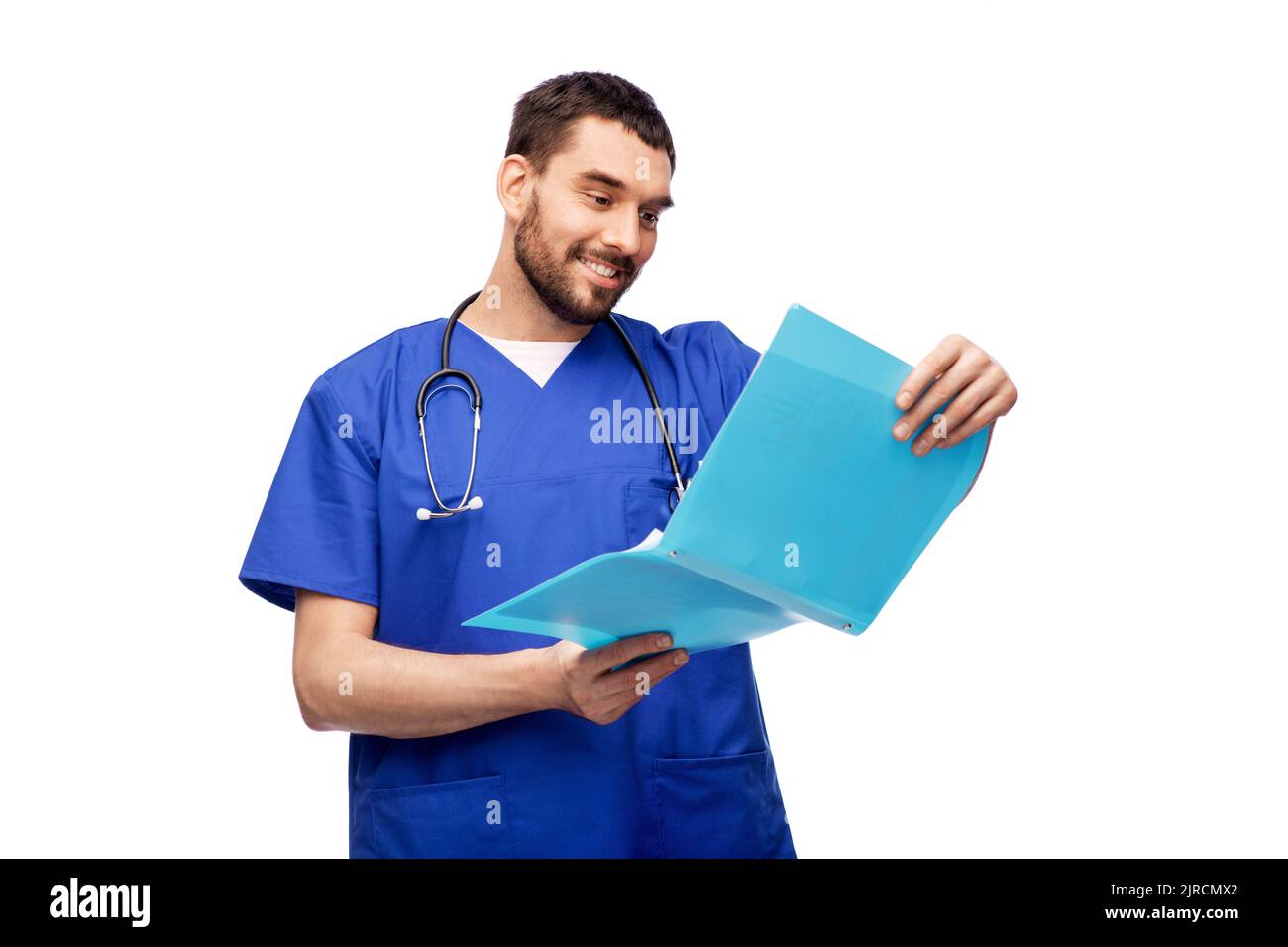 happy male doctor reading medical report in folder Stock Photo - Alamy