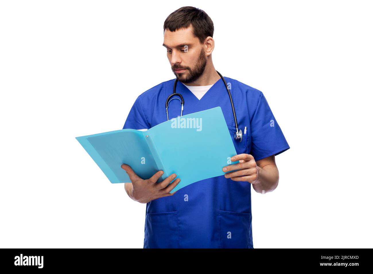 male doctor reading medical report in folder Stock Photo - Alamy