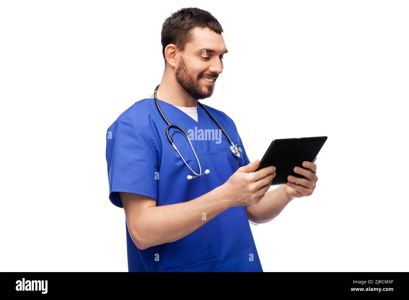 smiling doctor or male nurse using tablet computer Stock Photo - Alamy
