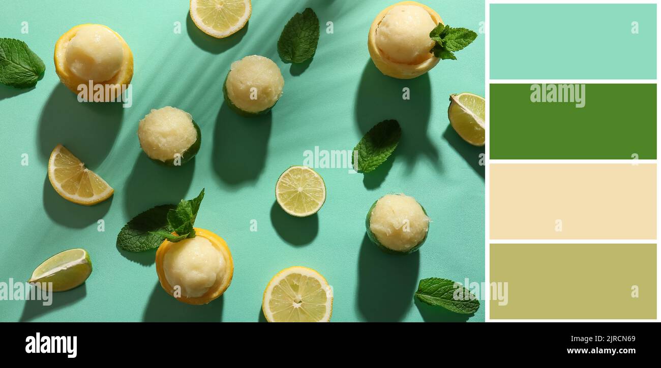 Tasty citrus ice cream on turquoise background. Different color ...