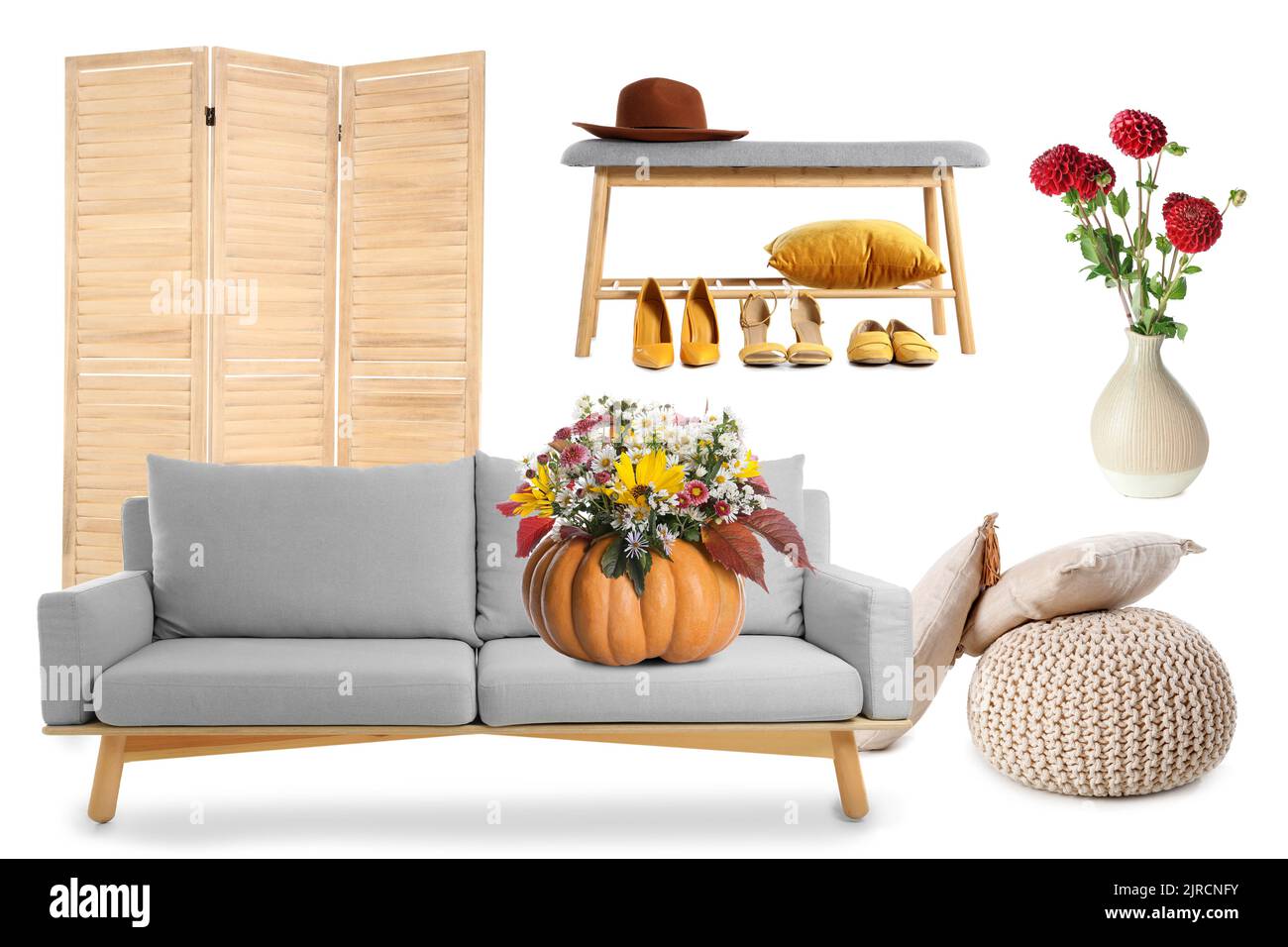 Collection of stylish furniture and autumn decor for room interior on ...