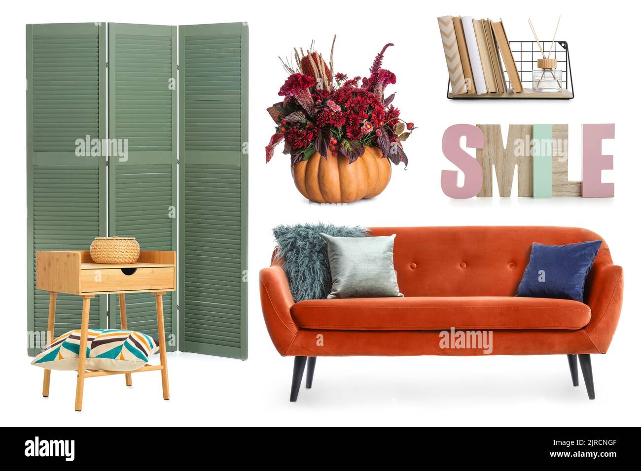 Collection of new furniture and autumn decor for room interior on white ...