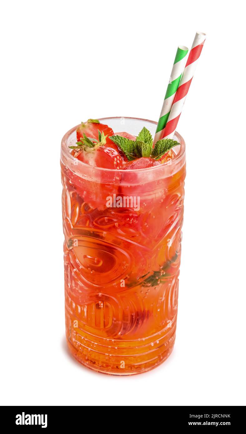 Glass of strawberry lemonade with straws on white background Stock ...