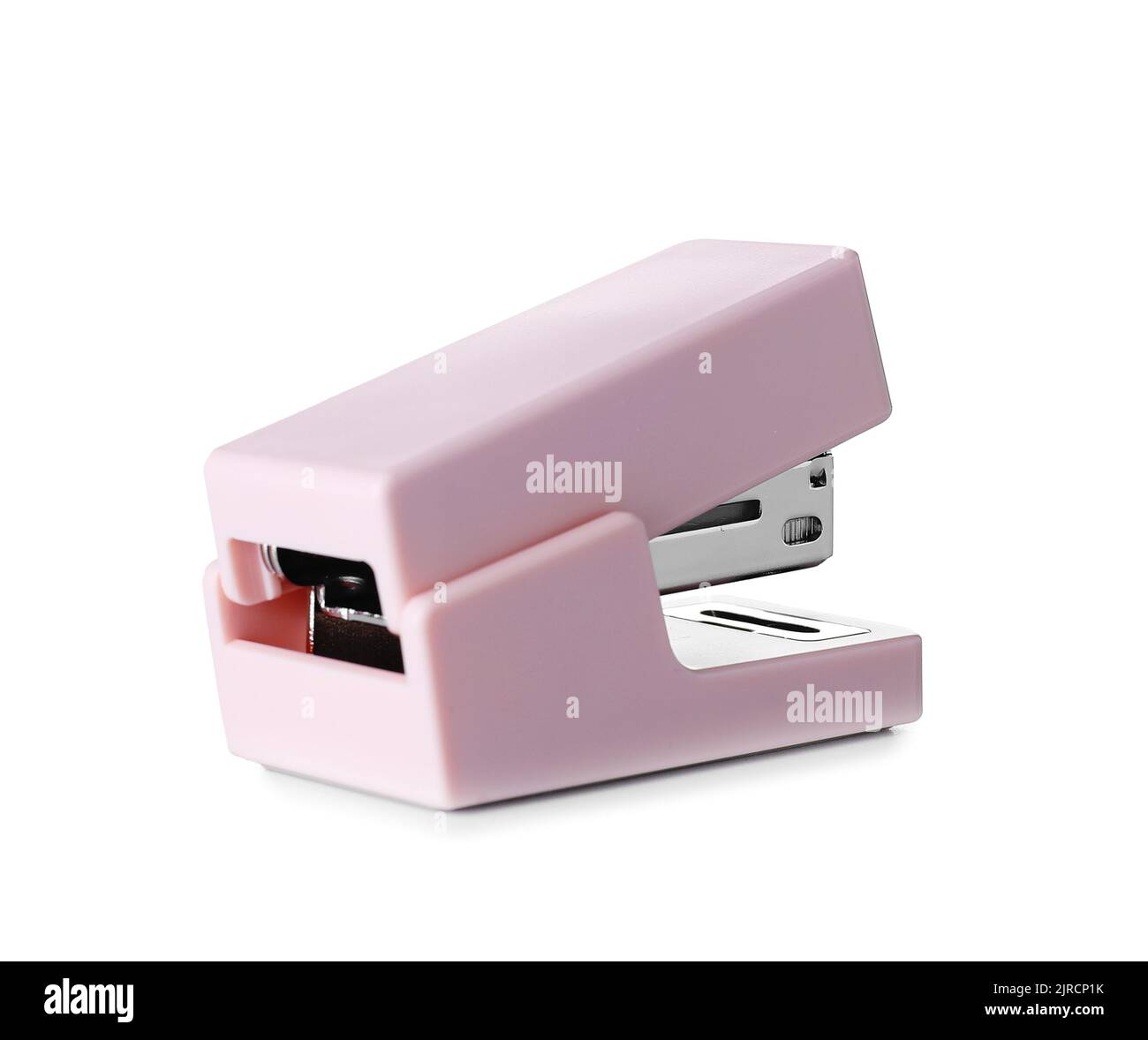 Modern pink stapler on white background Stock Photo - Alamy