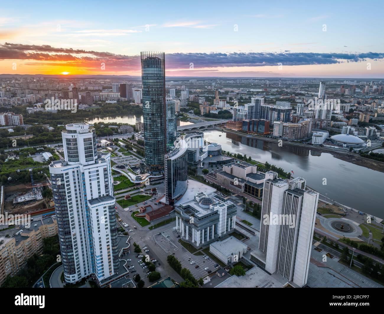 Yekaterinburg city and pond aerial panoramic view at summer sunset ...