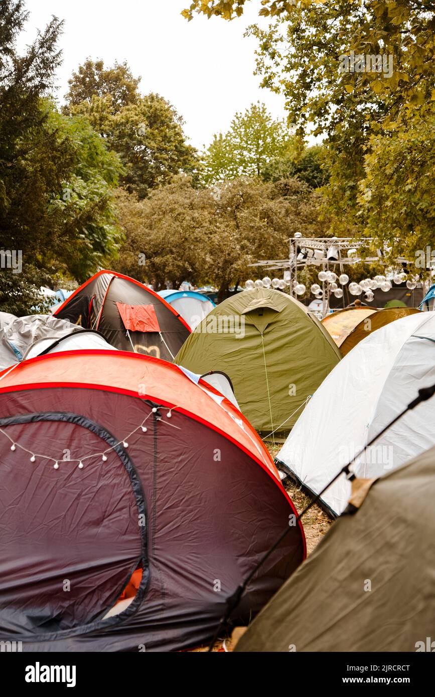 Tent camp in the forest, a lot of tents. Rest in the forest at the ...