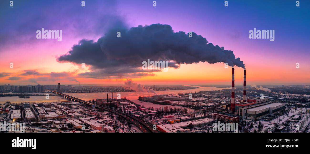 Plant pipe high above the clouds. Harmful emissions into the upper ...