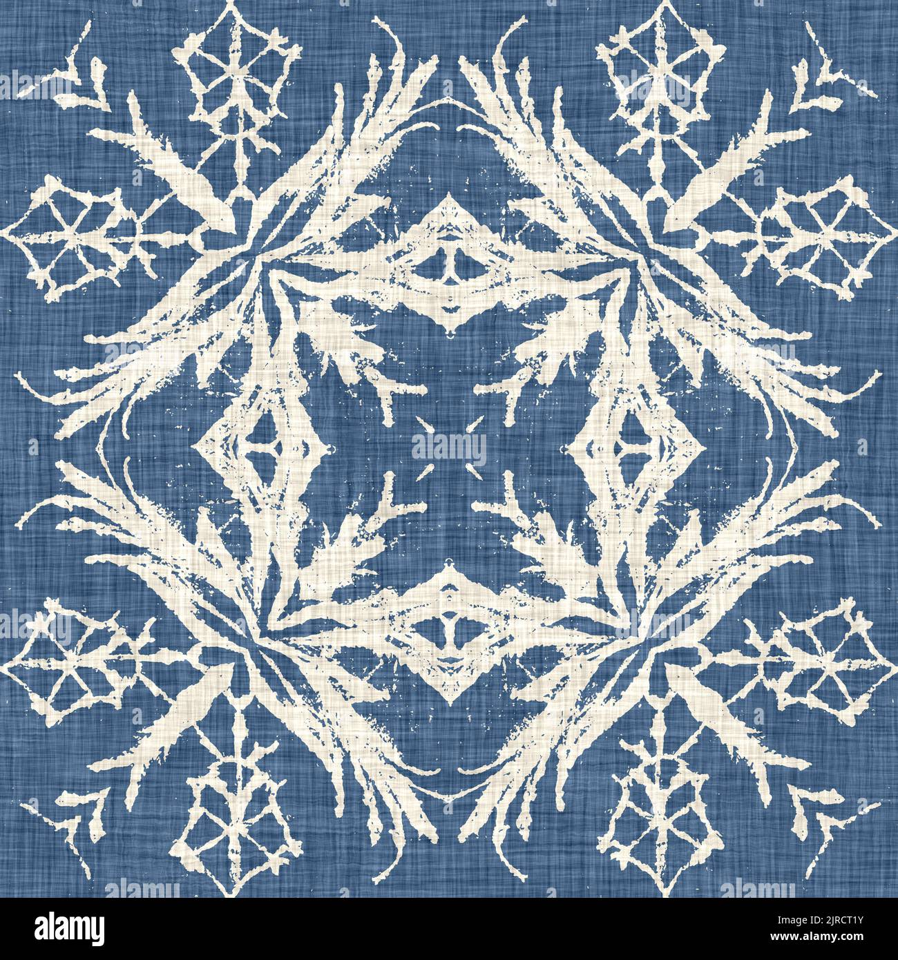Farmhouse blue snow flake pattern background. Frosty batik french ...