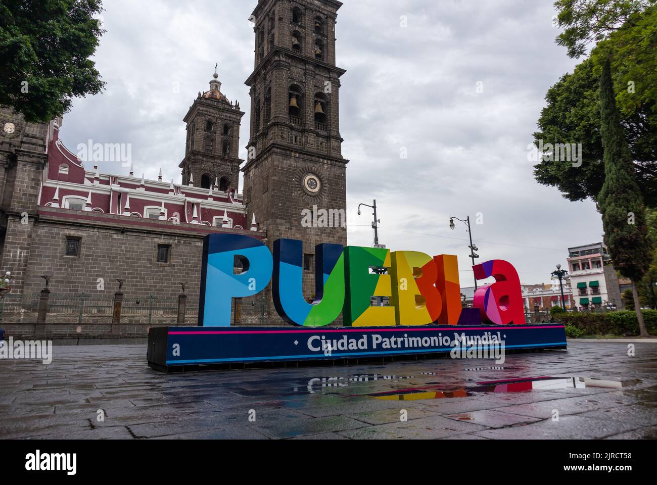 Puebla city name in colorful big letters at the main square zocalo with ...