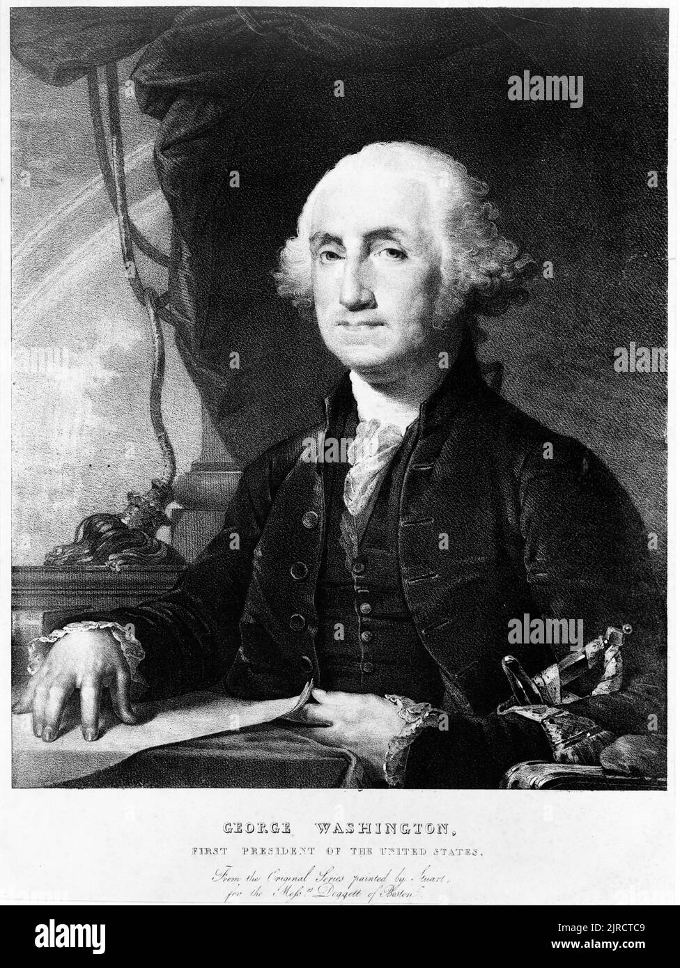 An engraving of George Washington as the first president of the USA ...
