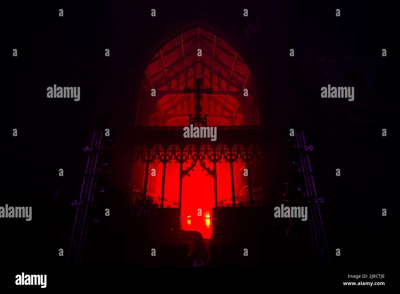 Spooky red light in church Horror Background Halloween Stock Photo - Alamy