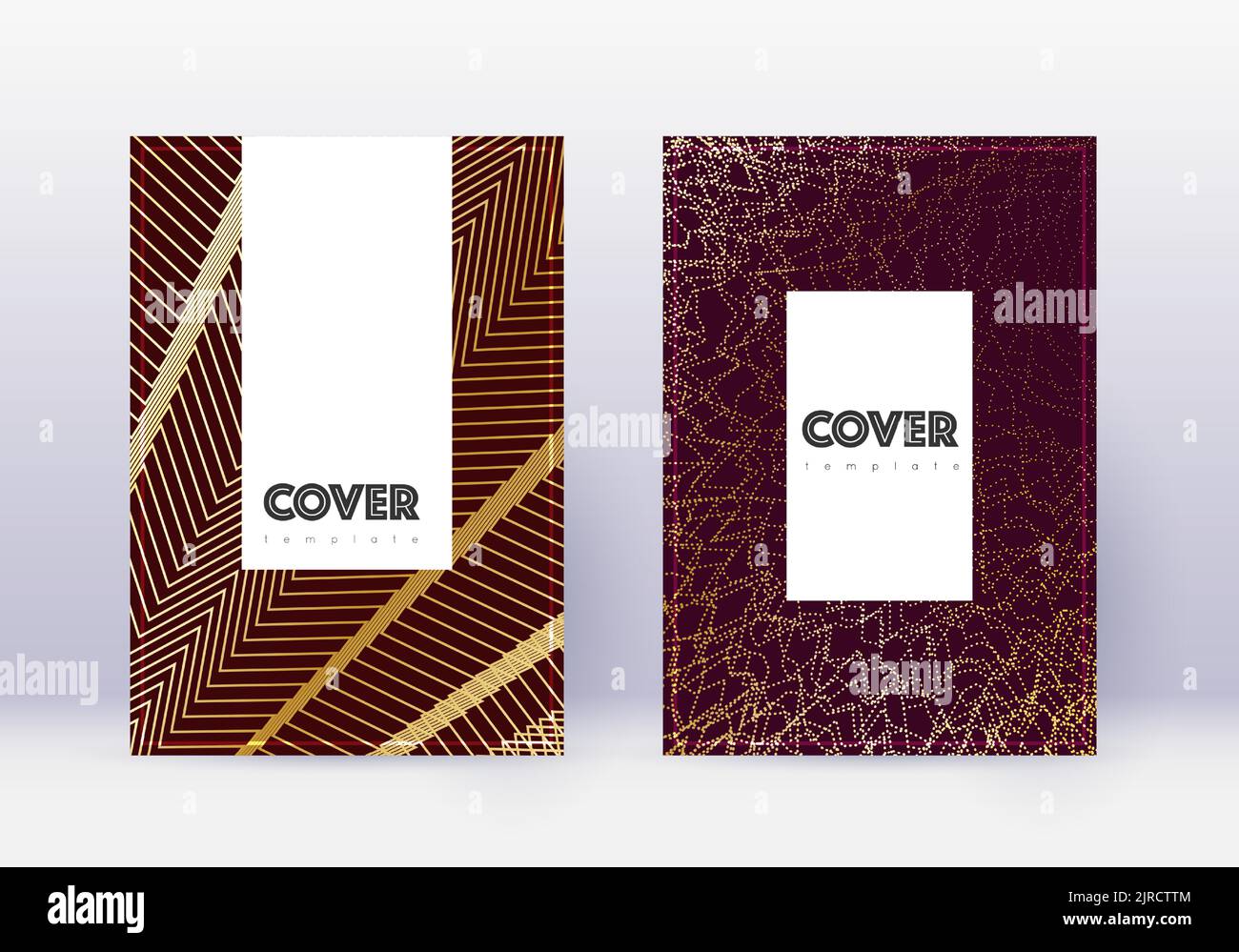 Hipster cover design template set. Gold abstract lines on maroon ...