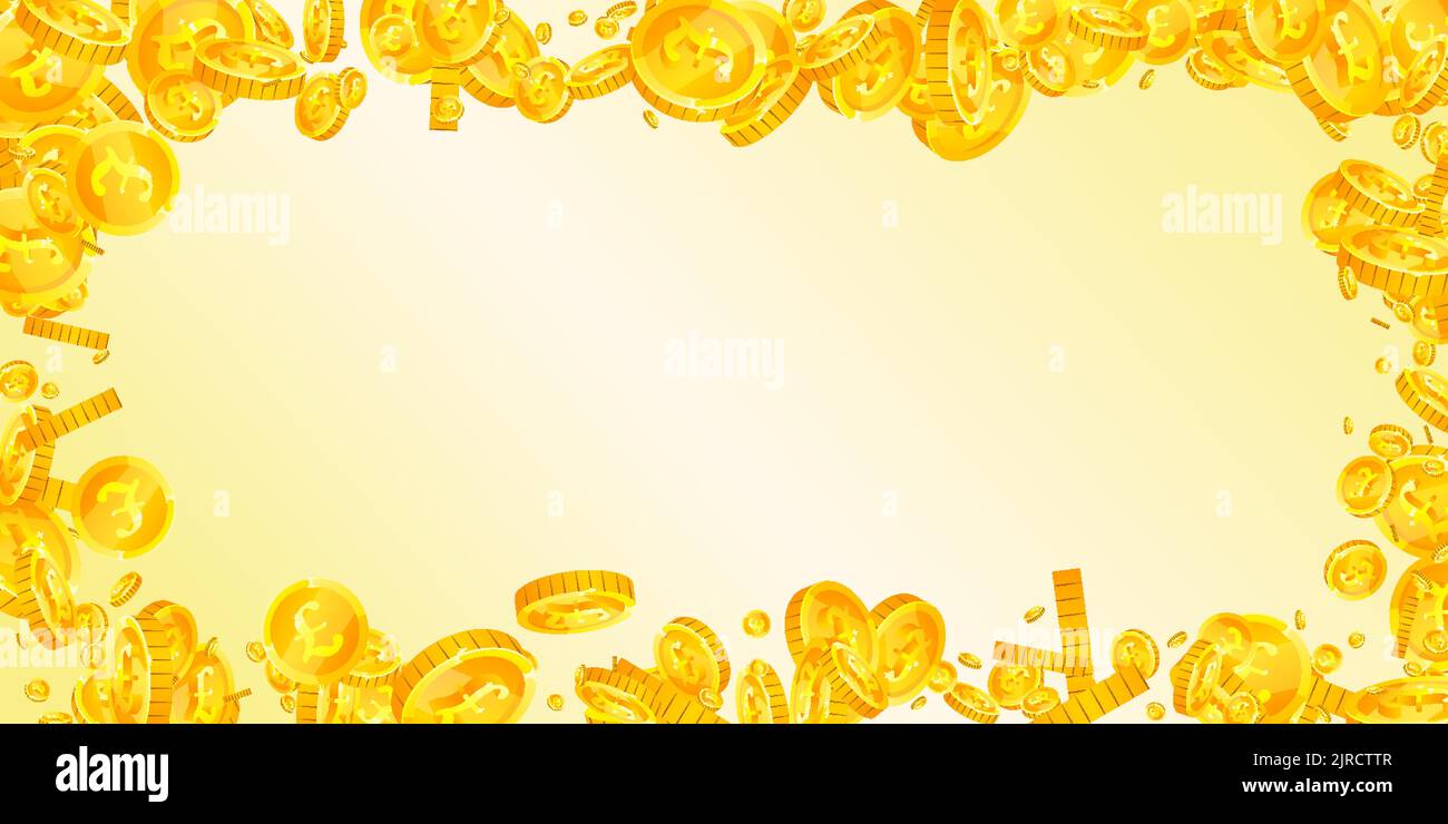 British pound coins falling. Scattered gold GBP coins. United Kingdom ...