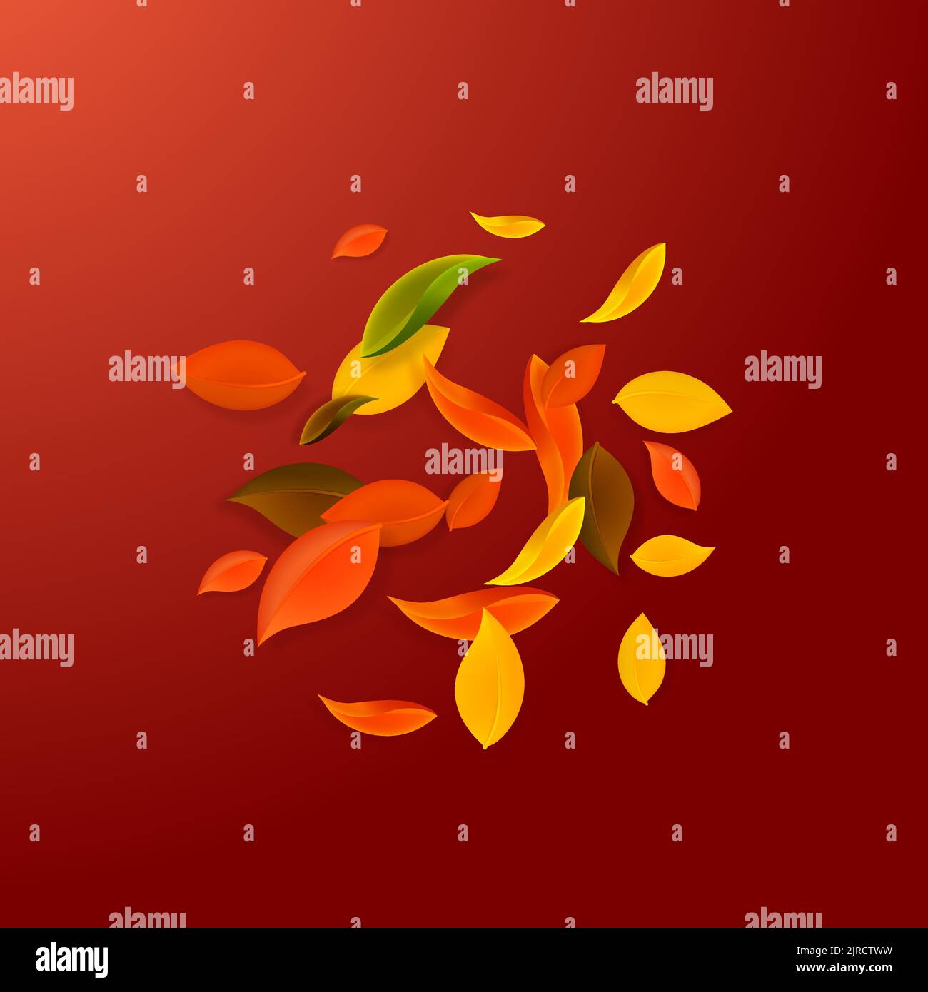 Falling autumn leaves. Red, yellow, green, brown chaotic leaves flying ...