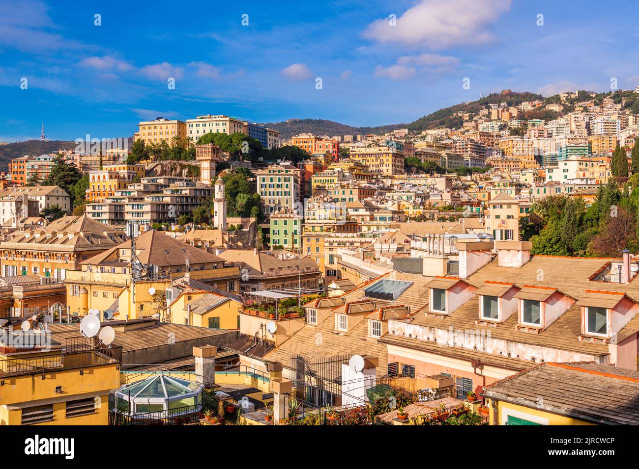 Genova, Italy city skyline view towards the historic center on a nice ...