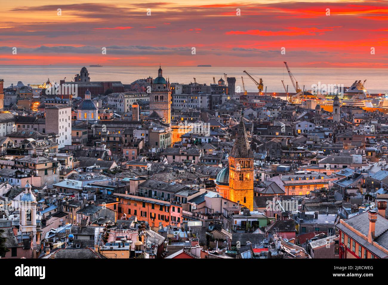 Genova, Italy downtown skyline with historic towers at dusk Stock Photo ...
