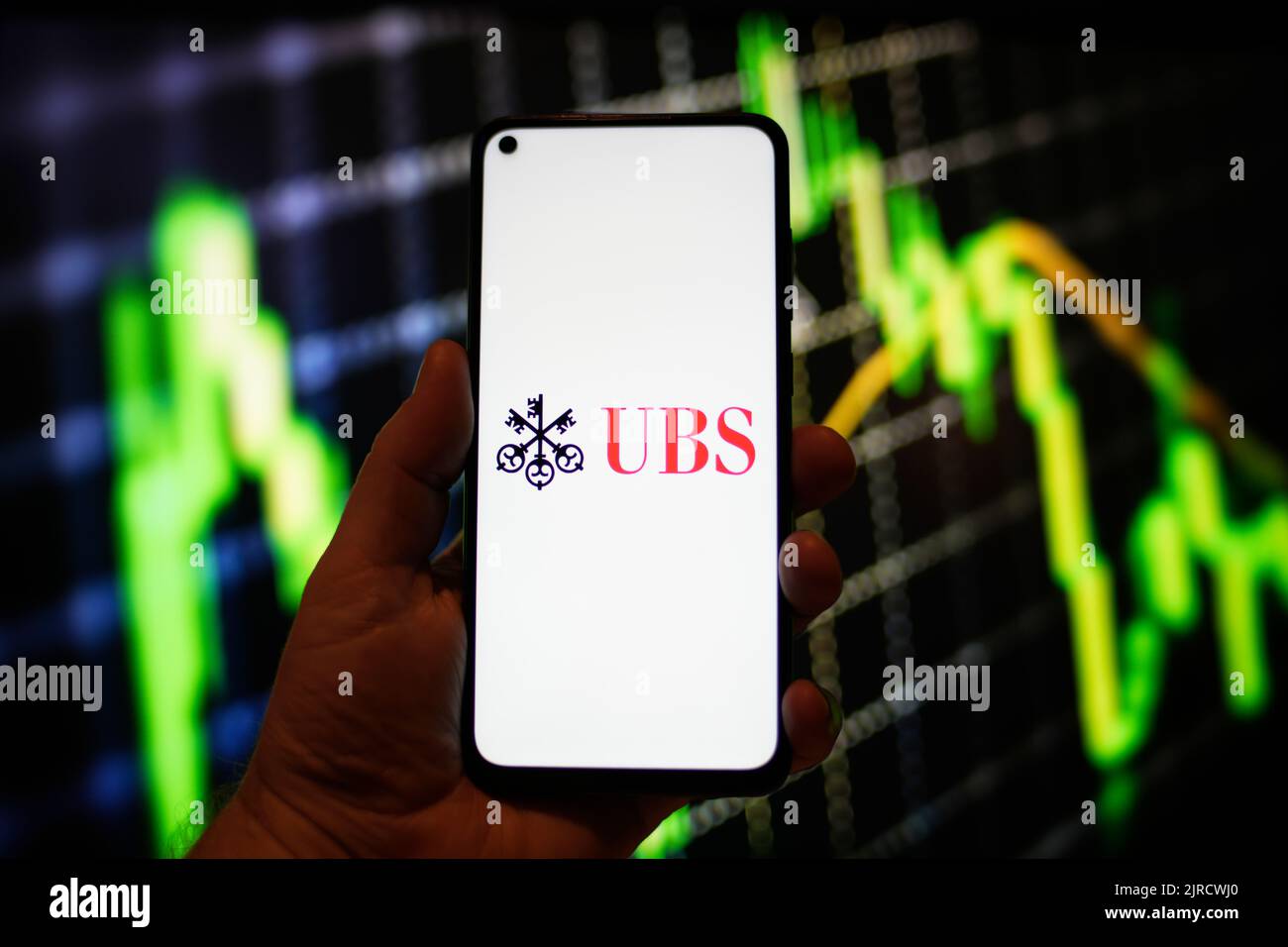 The UBS (Union Bank of Switzerland) is seen on a Redmi phone screen in ...