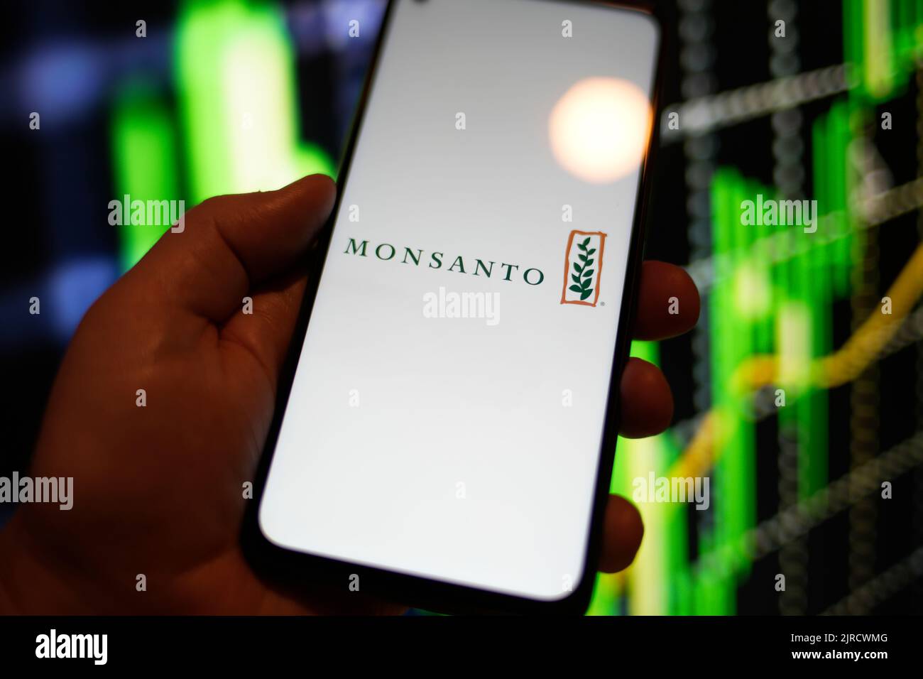 The Monsanto logo is seen on a Redmi phone screen in this photo ...