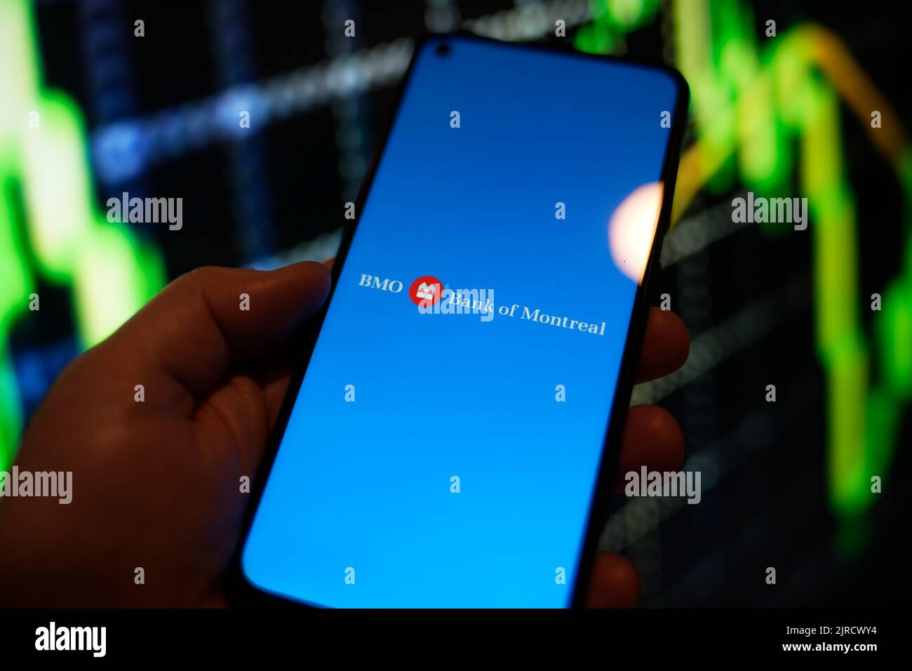 The BMO Bank of Montreal logo is seen on a Redmi phone screen in this ...