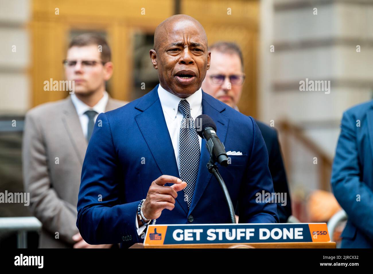 New York City Mayor Eric Adams (D) speaking at the raising of the ...