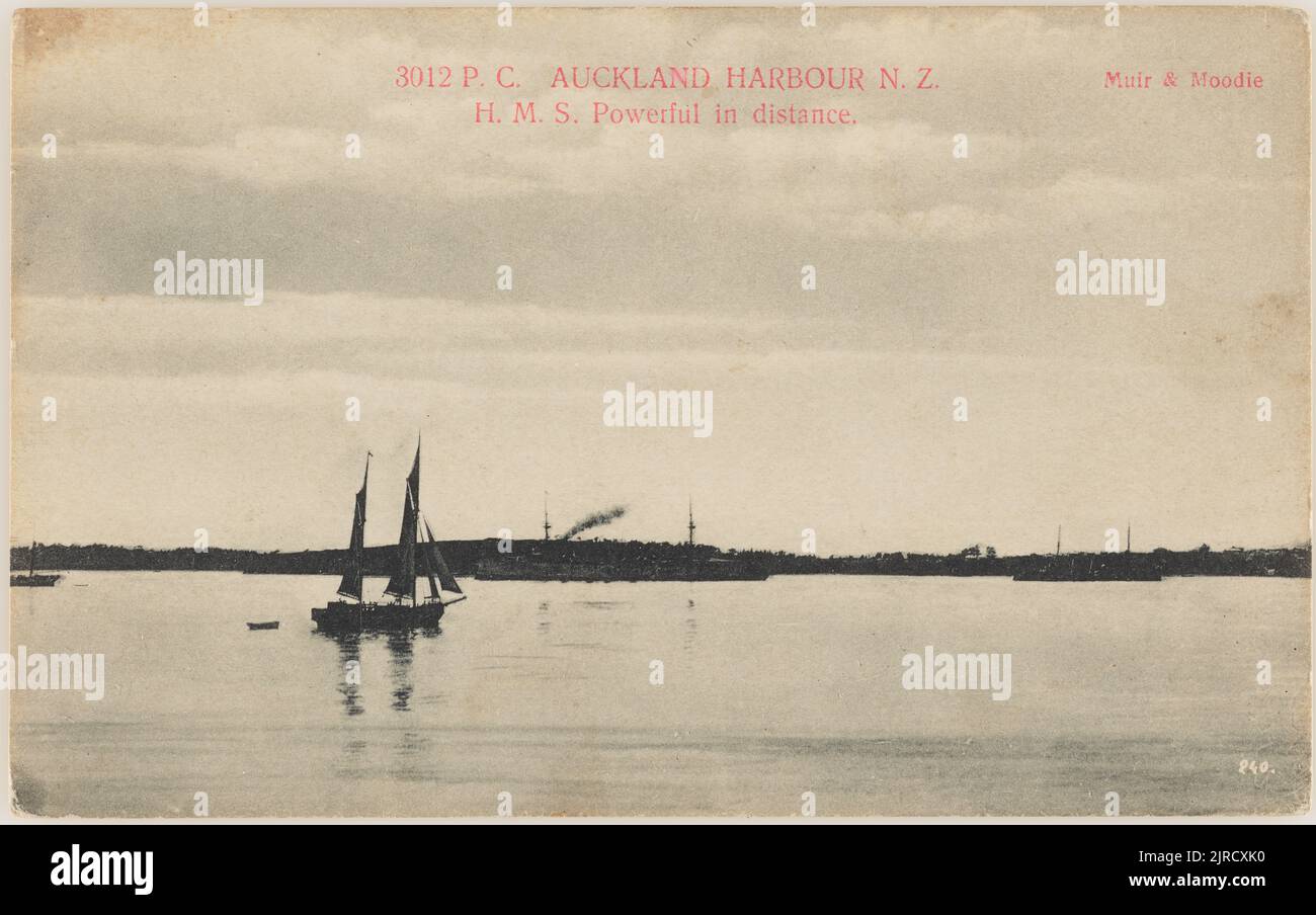 Auckland Harbour, New Zealand, HMS Powerful in the distance, 1904-1915 ...
