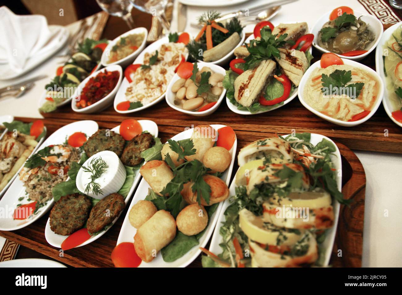 Traditional Turkish appetizer foods (Turkish Meze) on the restaurant ...