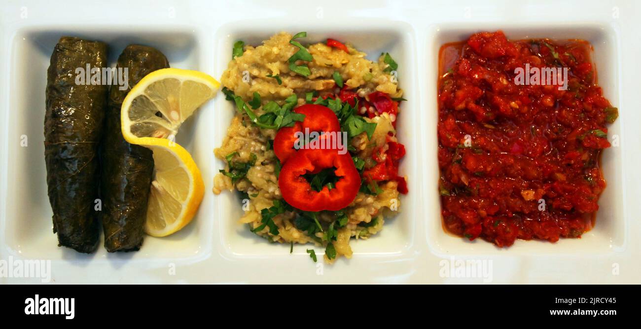 Traditional Turkish appetizer foods (Turkish meze) on the restaurant ...