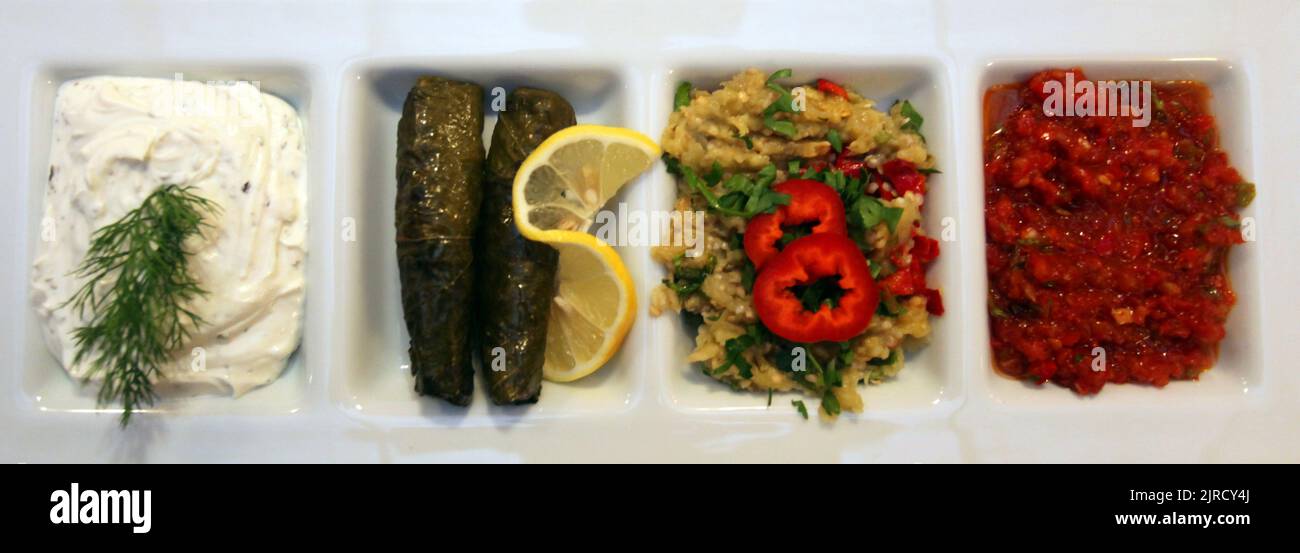 Traditional Turkish appetizer foods (Turkish meze) on the restaurant ...