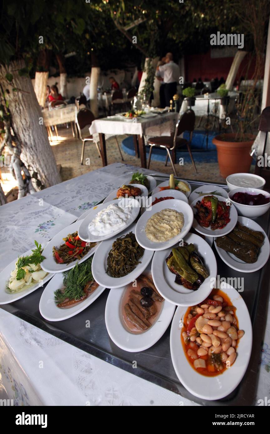 Traditional Turkish appetizer foods (Turkish meze) on the restaurant ...