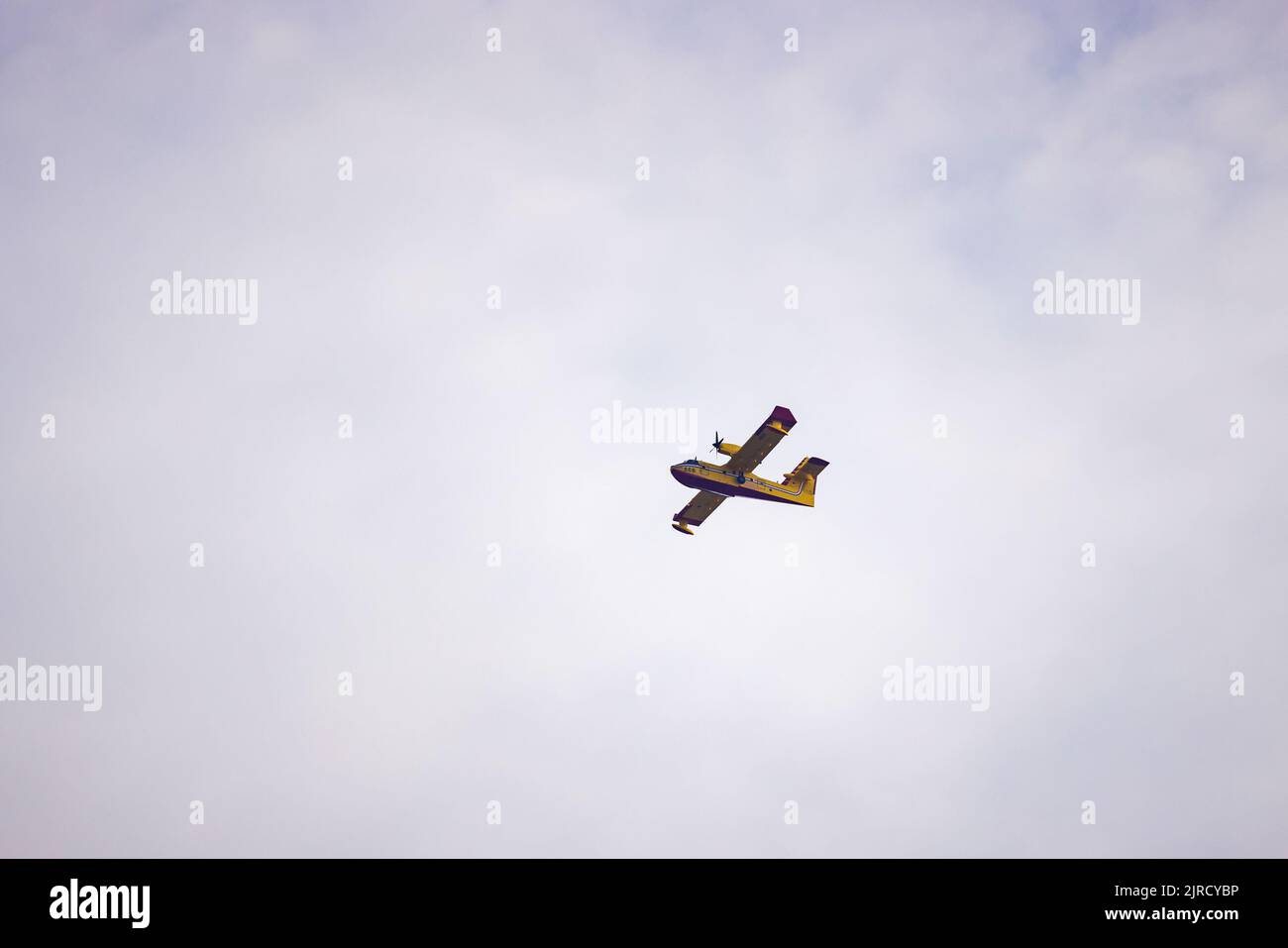 Firefighting airplane with water from a lake to extinguish wildfire in ...
