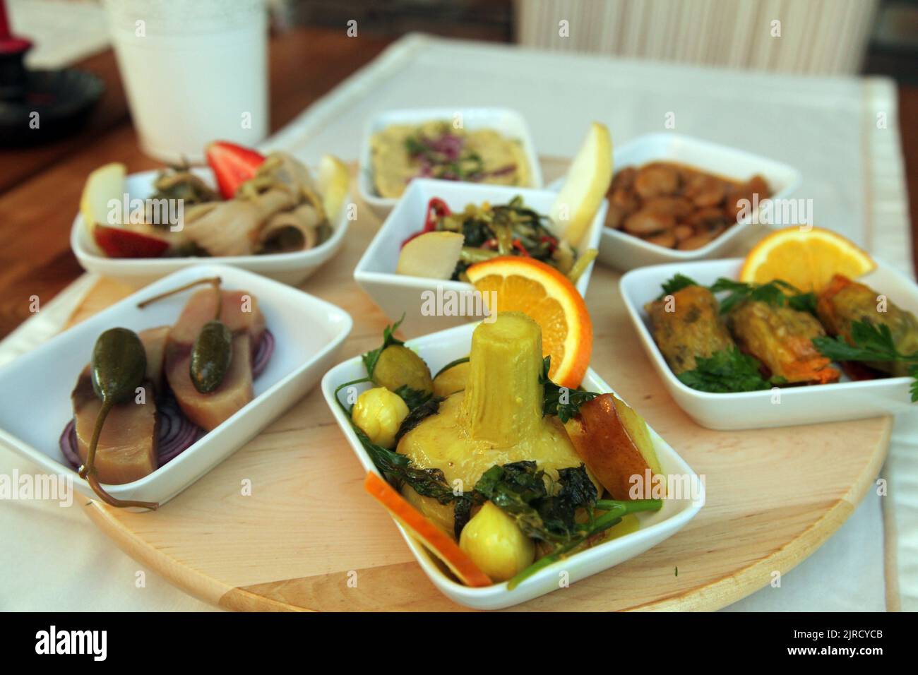 Traditional Turkish appetizer foods (Turkish meze) on the restaurant ...