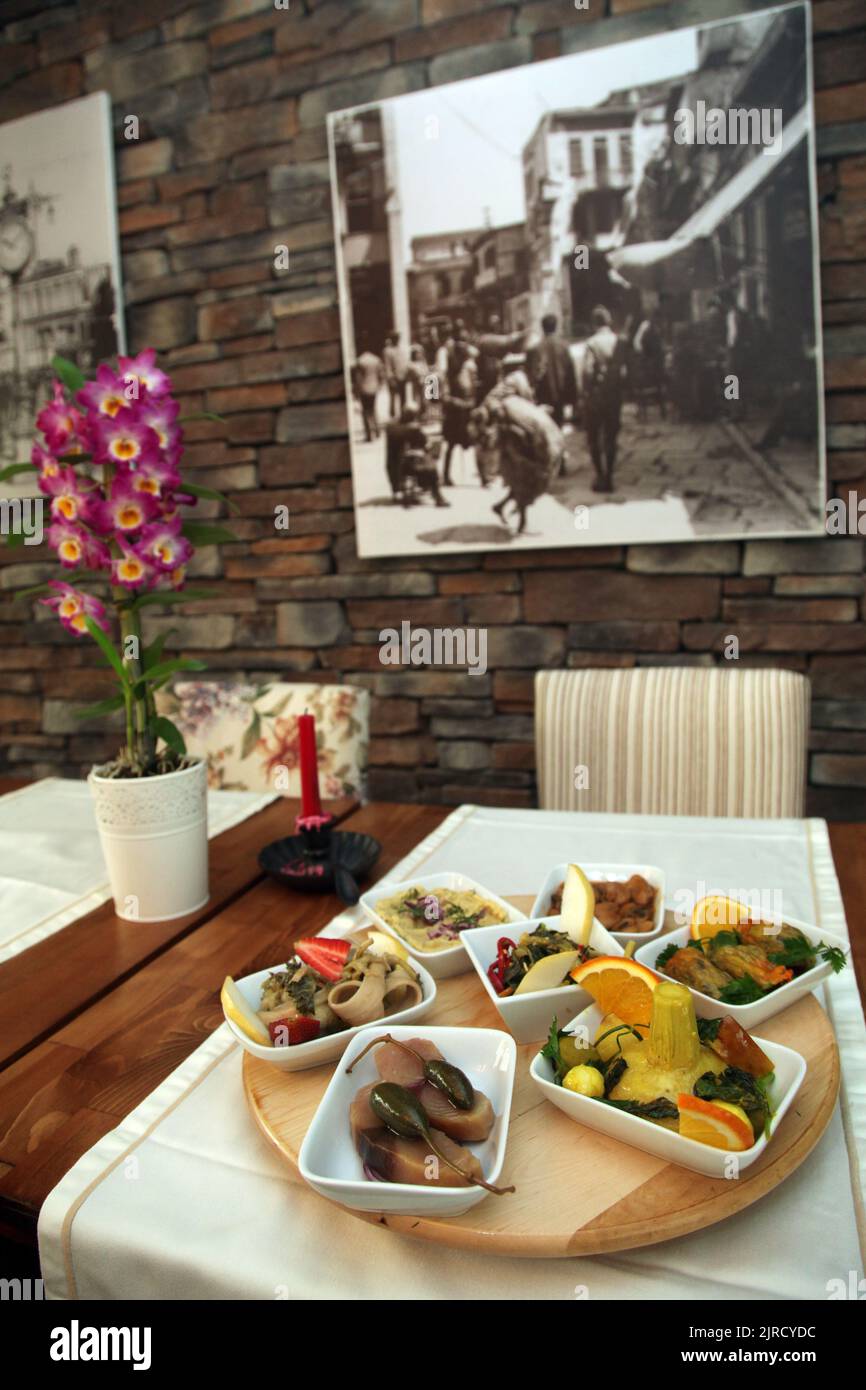 Traditional Turkish appetizer foods (Turkish meze) on the restaurant ...