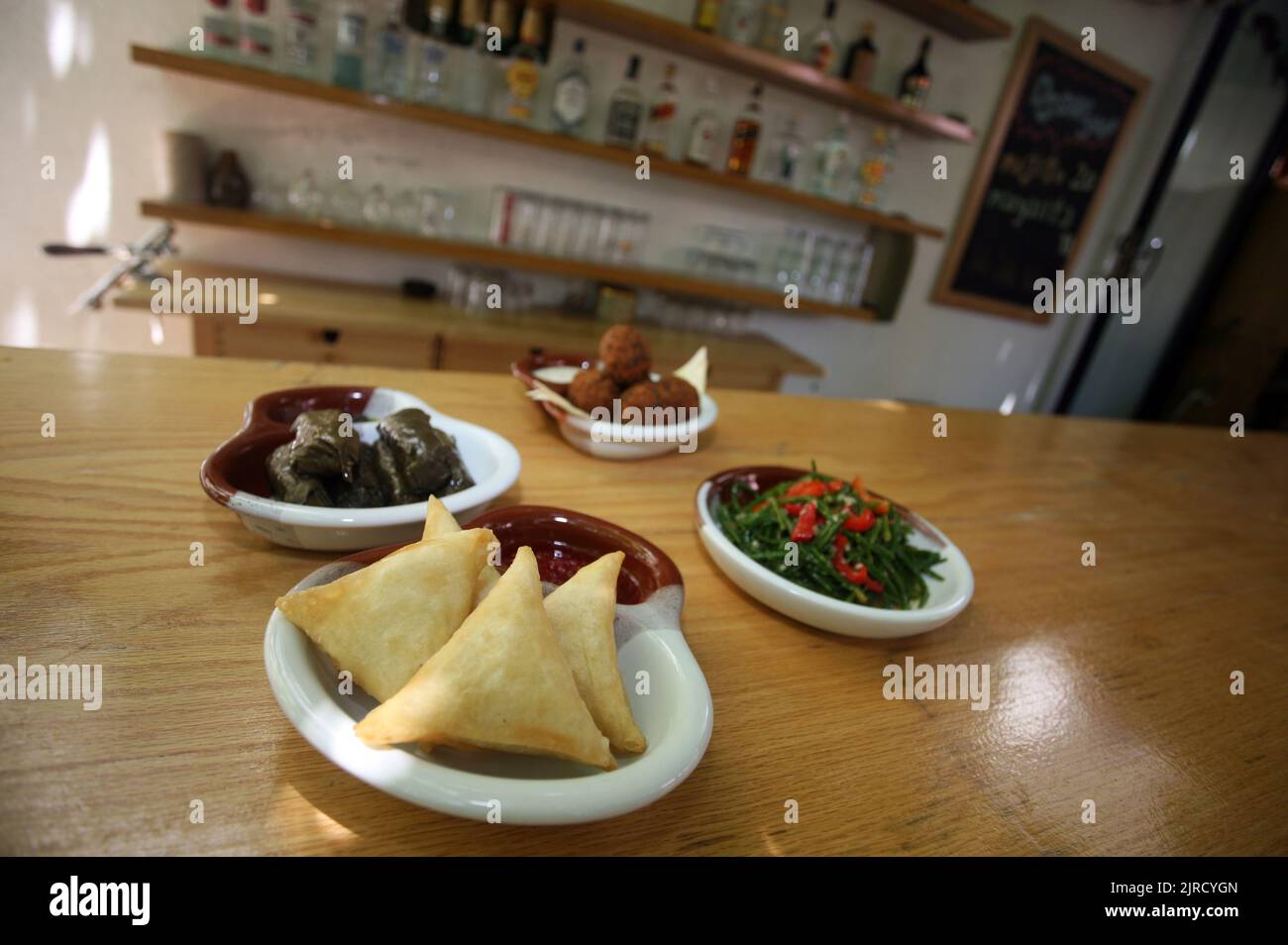 Traditional Turkish appetizer foods (Turkish meze) on the restaurant ...