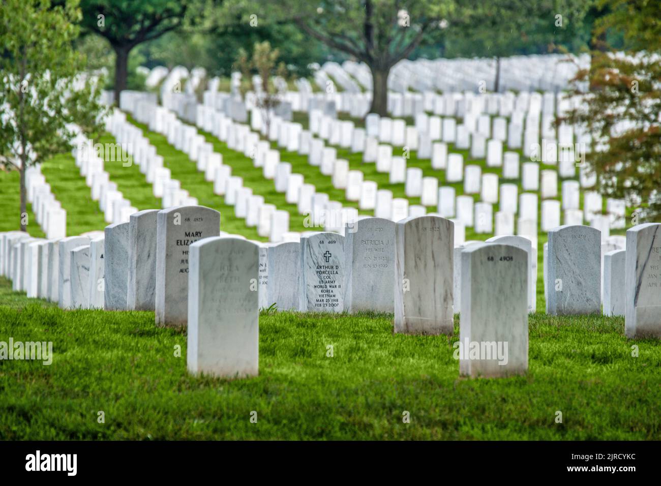 Uniform rows of white marble headstone graves at Arlington National ...