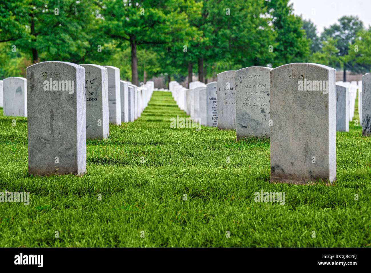 Uniform rows of white marble headstone graves at Arlington National ...