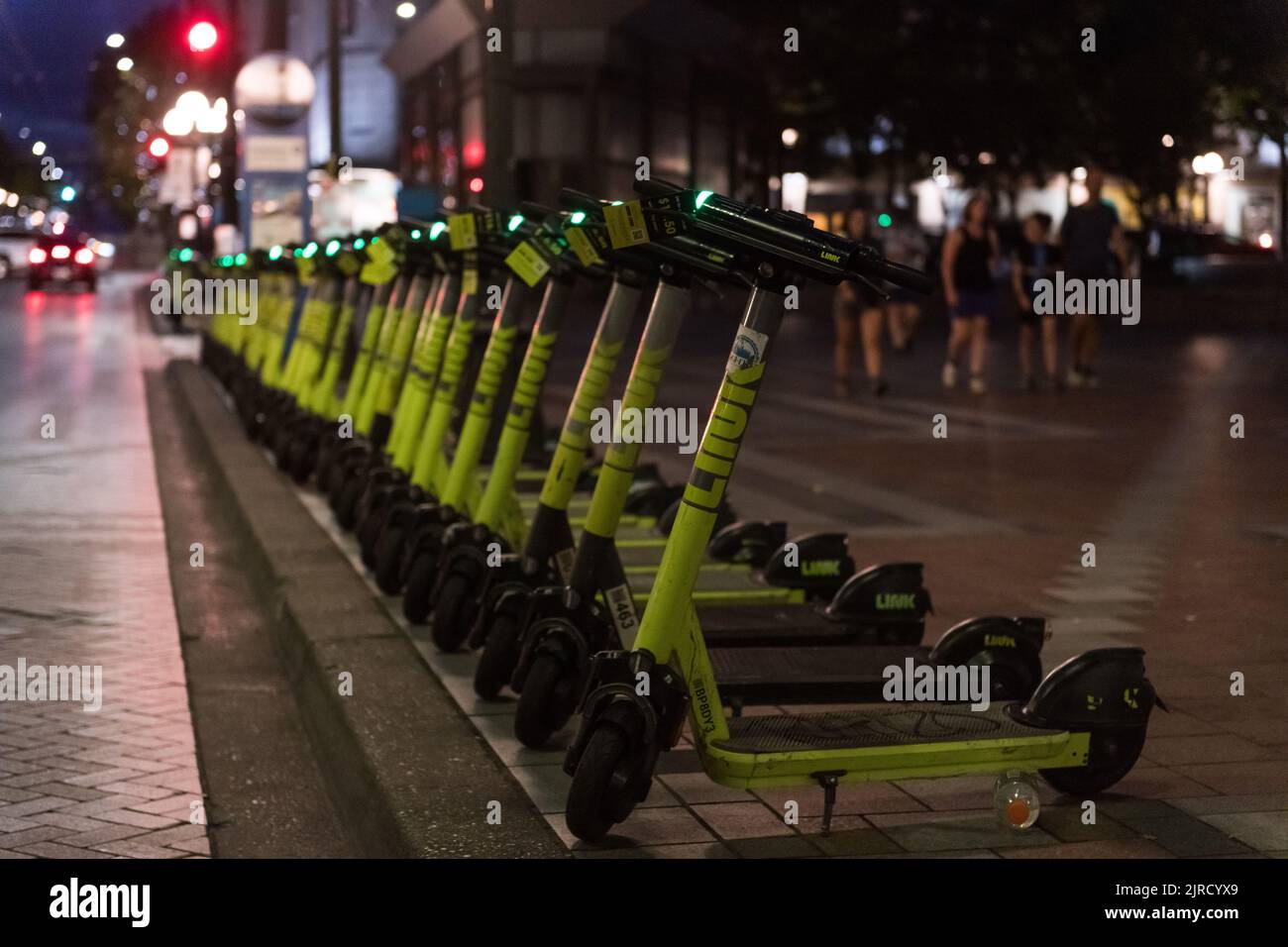 Seattle, USA. 21 Aug, 2022. Dozens of Link EV Scooter lined up downtown ...