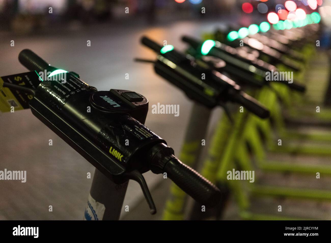 Seattle, USA. 21 Aug, 2022. Dozens of Link EV Scooter lined up downtown ...