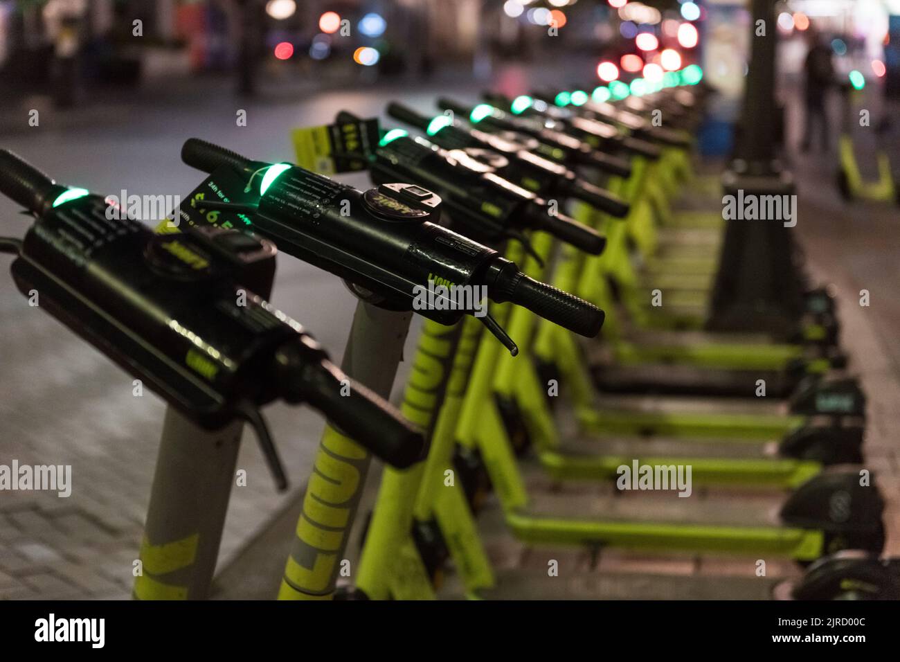 Seattle, USA. 21 Aug, 2022. Dozens of Link EV Scooter lined up downtown ...