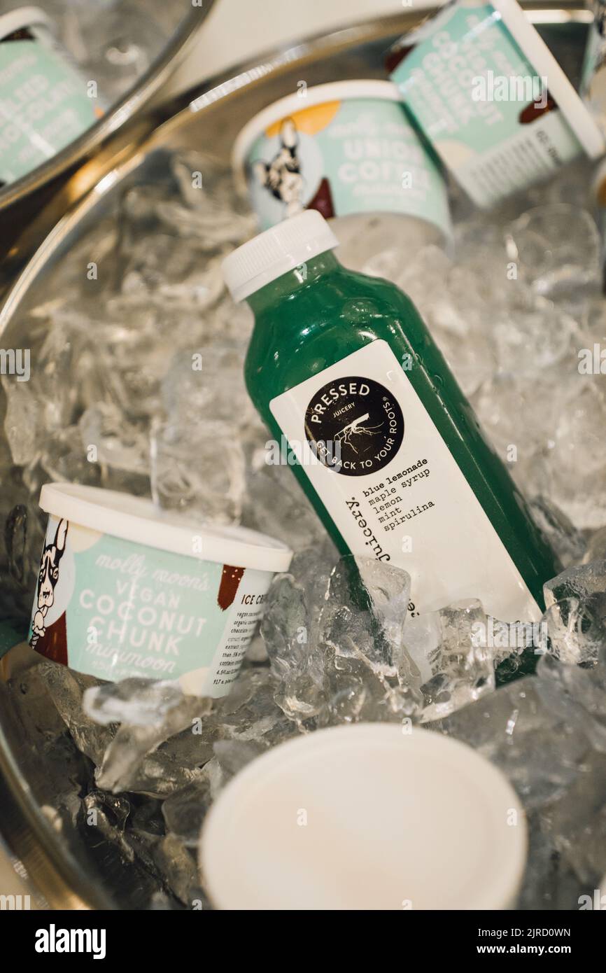 bottle of Pressed juice and small containers of Molly Moon's ice cream ...