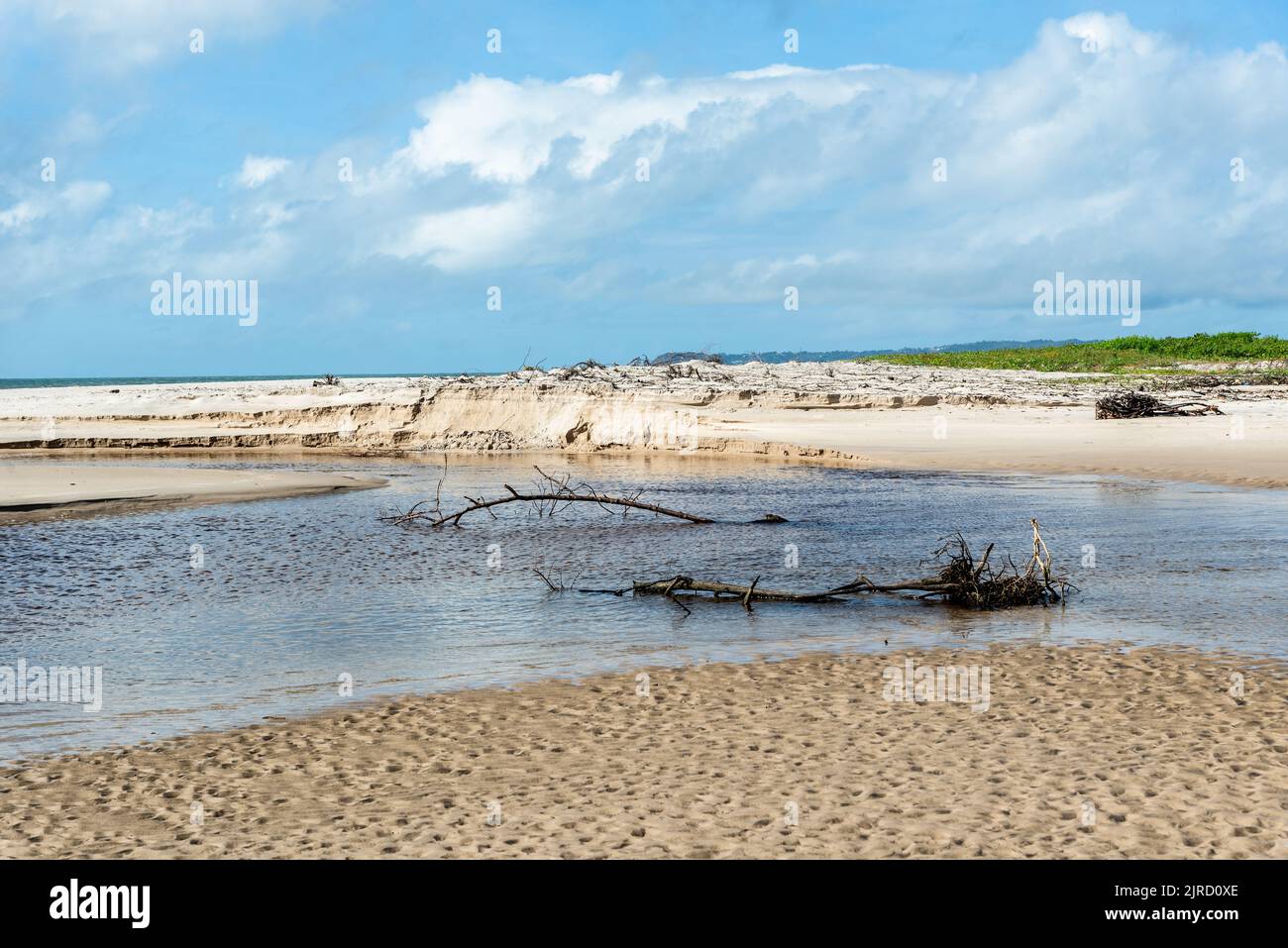 River sand landscape against blue sky in the background. Guaibim beach ...