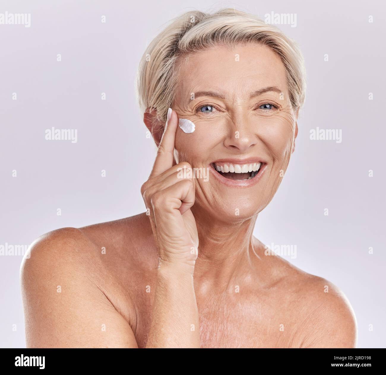 Skincare, beauty and wellness cream of happy senior woman with smile ...