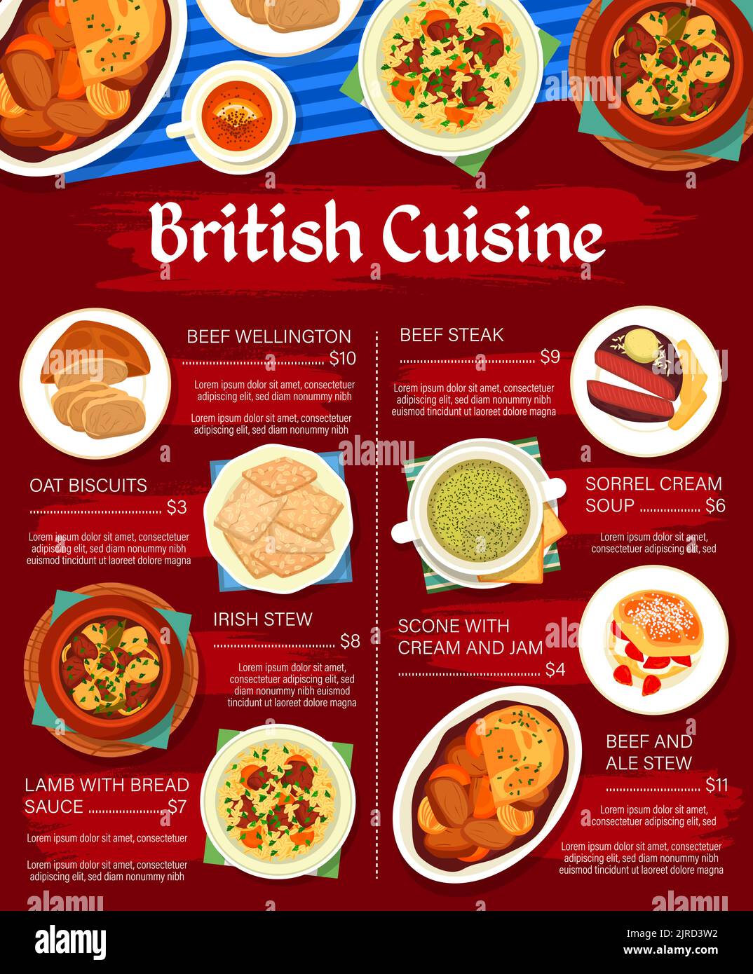 British cuisine food menu with vector restaurant dishes of meat ...