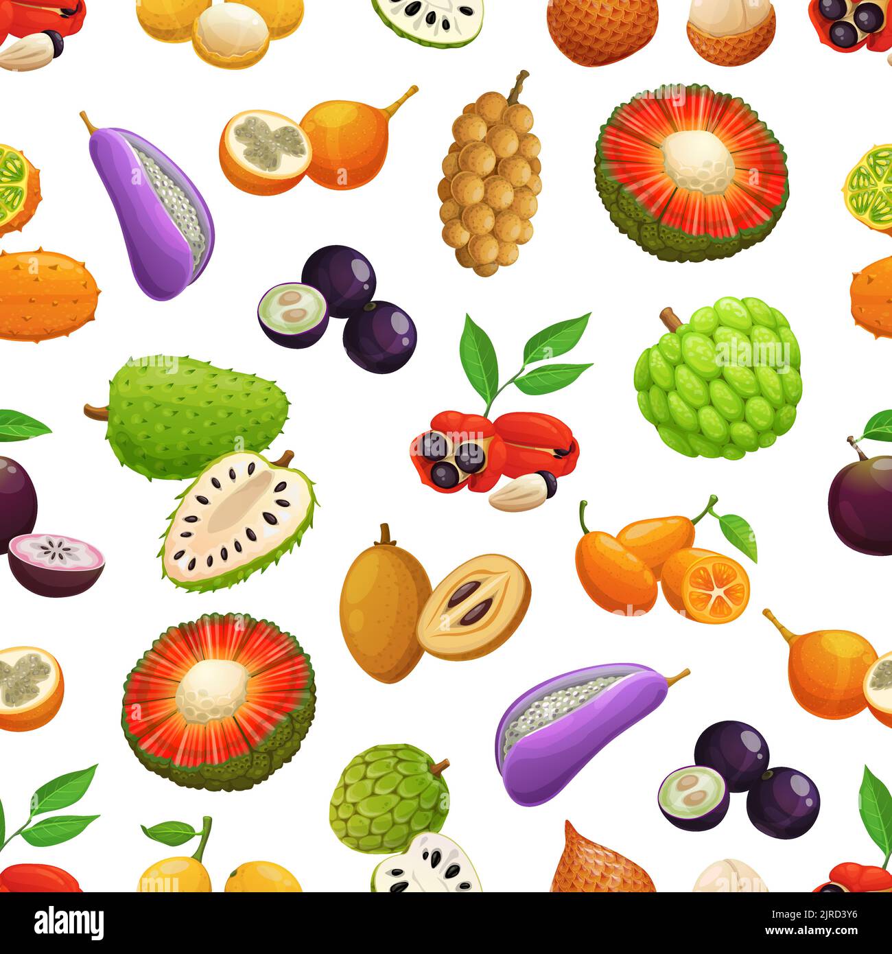 Cartoon tropical fruits seamless pattern, vector fruity background. Exotic fruits and berries ...