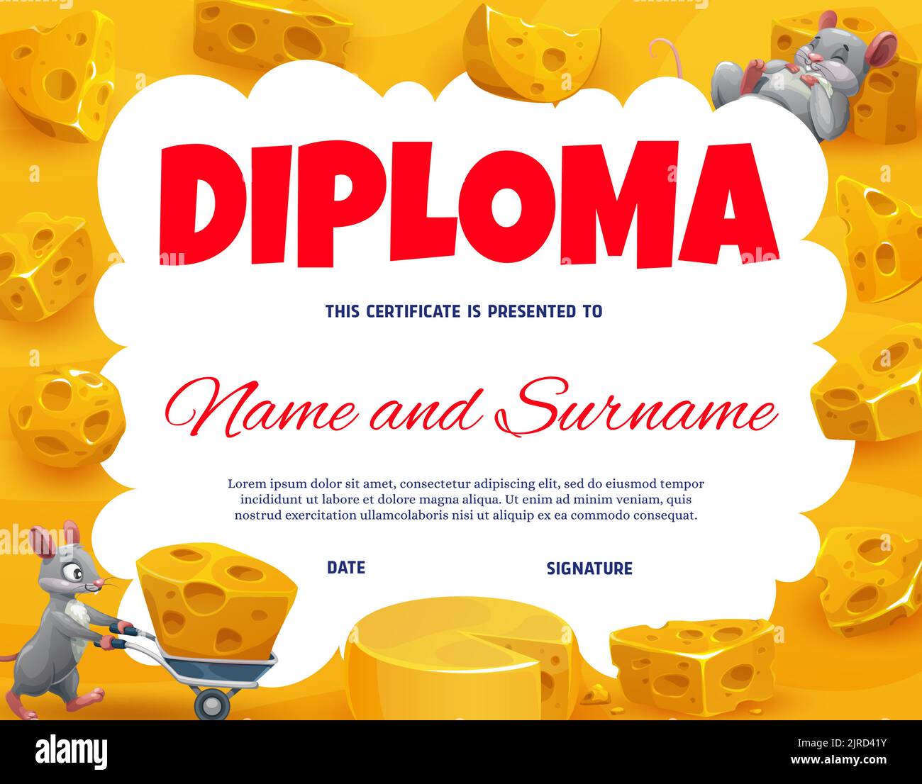 Kids diploma, maasdam, emmental cheese and cartoon mouse, vector ...