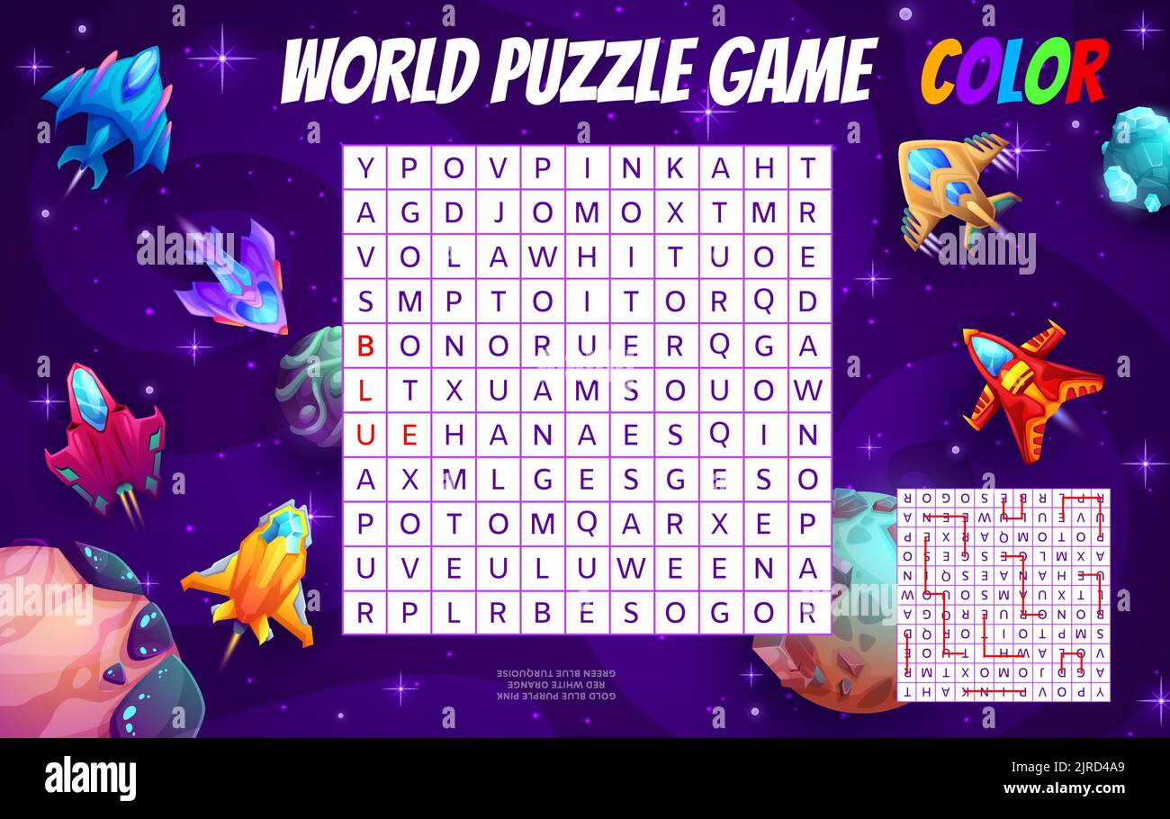 Cartoon starships and space crafts in galaxy. Word search puzzle game ...