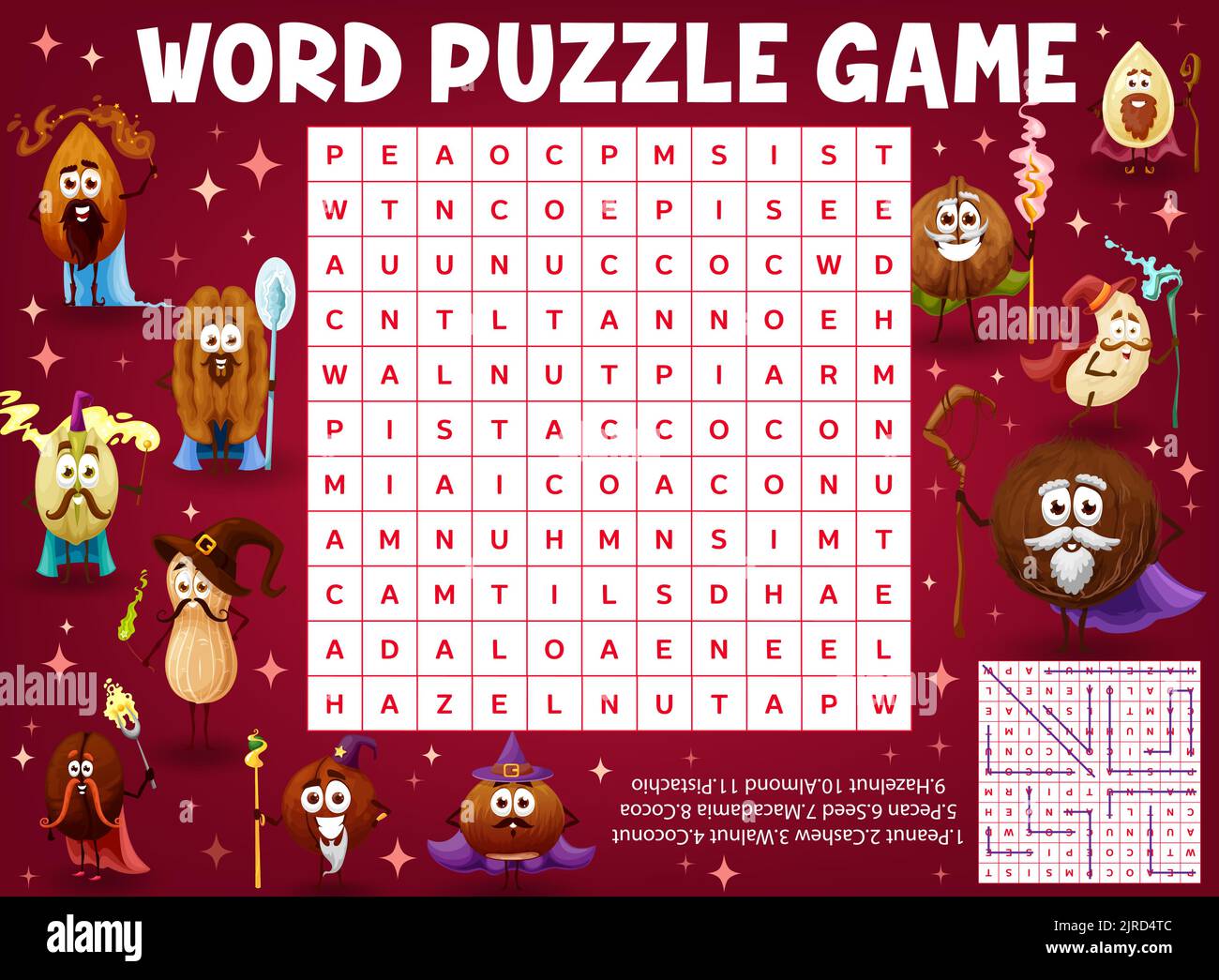 Cartoon nuts wizard and magician characters, word search puzzle quiz ...