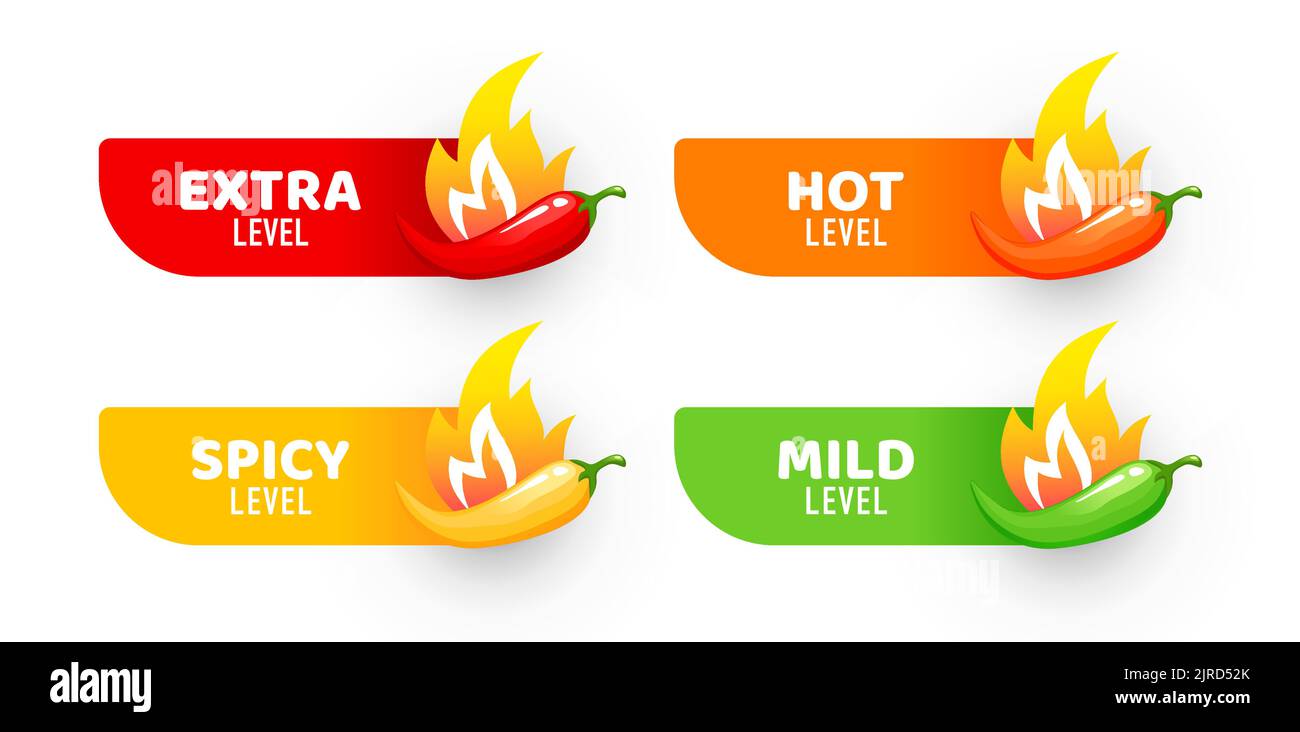 Spicy level sticky labels. Tabasco sauce taste vector scale symbol, hot ...
