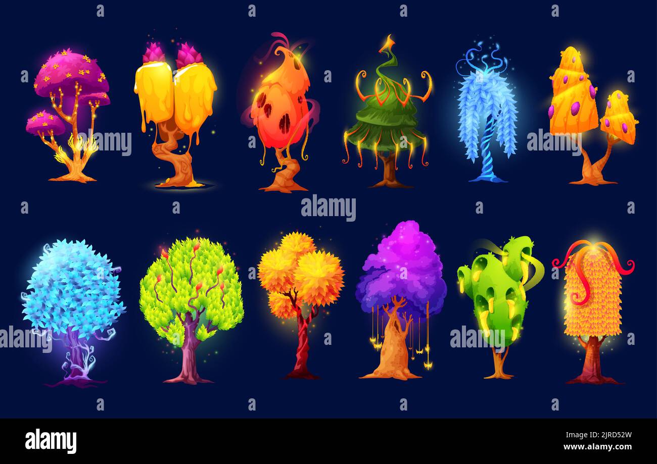Cartoon fantasy luminous alien trees and plants. Isolated vector magic ...