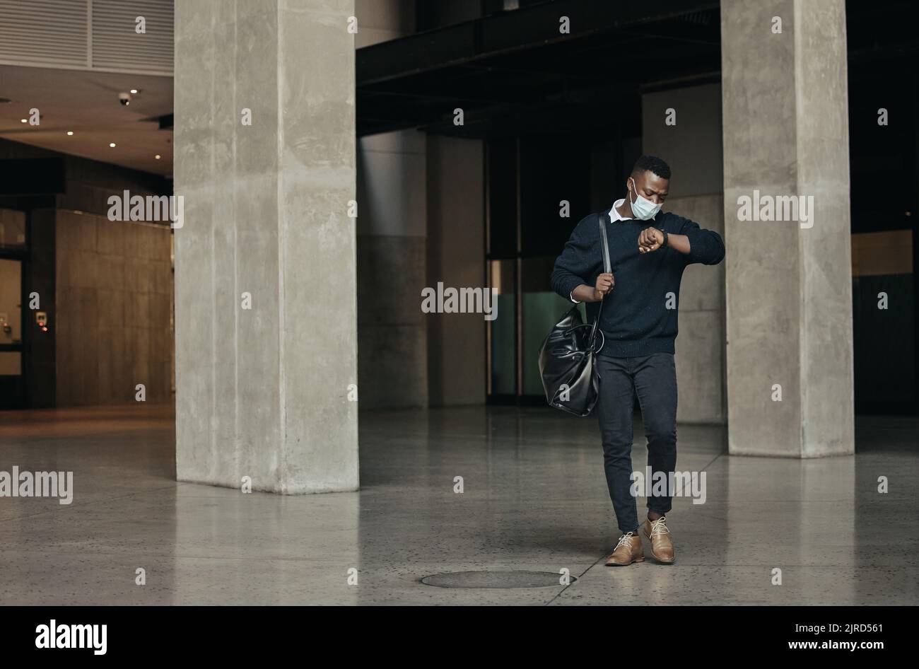 Covid, travel restrictions and time with a business man looking at his ...